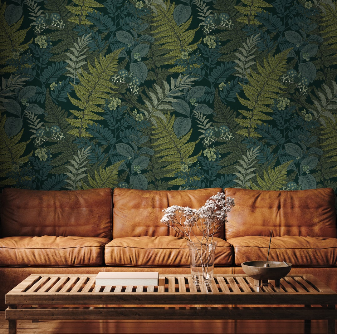 Dark Botanical Wallpaper, Fern Leaves Wall Mural, Peel and Stick, Vinyl ...