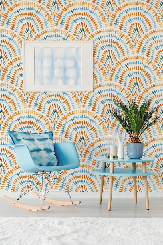 Boho Wallpaper Abstract Blue and Orange Pattern Peel and - Etsy
