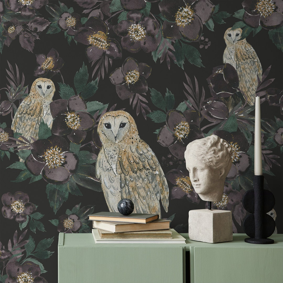 Dark Wallpaper With Owls and Flowers, Birds Wall Mural, Peel and Stick ...
