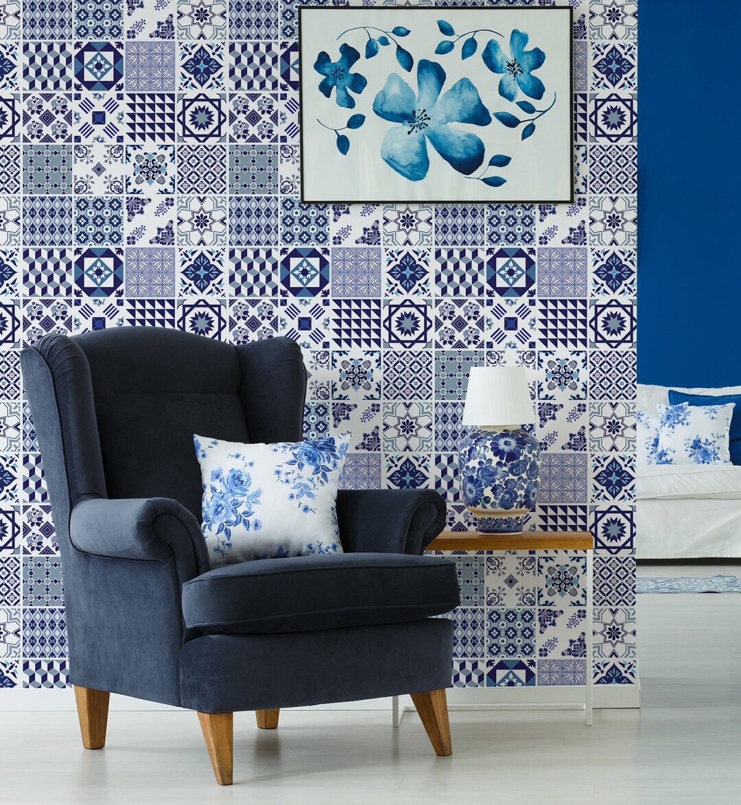 Blue Moroccan Tile Removable Wallpaper, Peel and Stick Repositionable ...