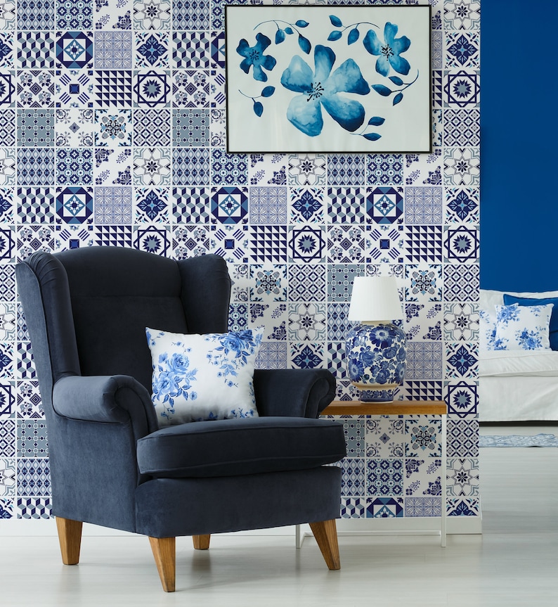 Blue moroccan tile removable wallpaper peel and stick | Etsy