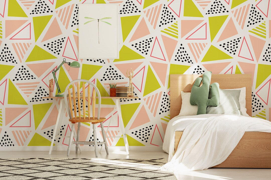 Geometric Removable Wallpaper, Pattern With Colorful Triangles, Self ...
