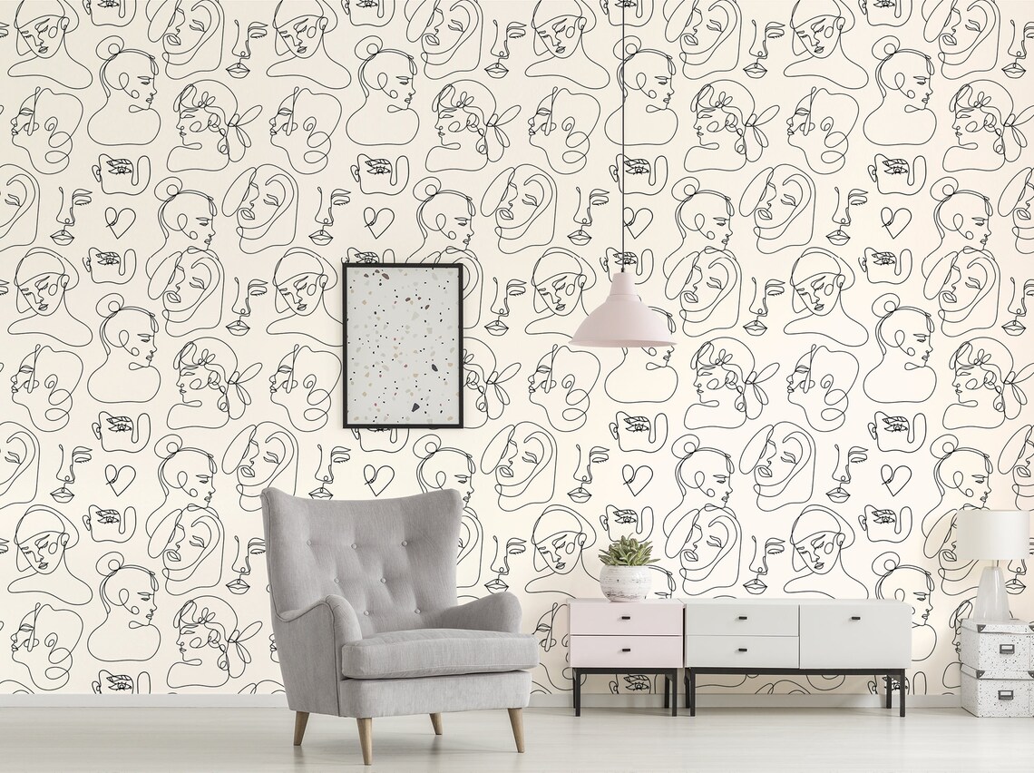 Female Face Line Art Wallpaper Repositionable Peel and Stick - Etsy