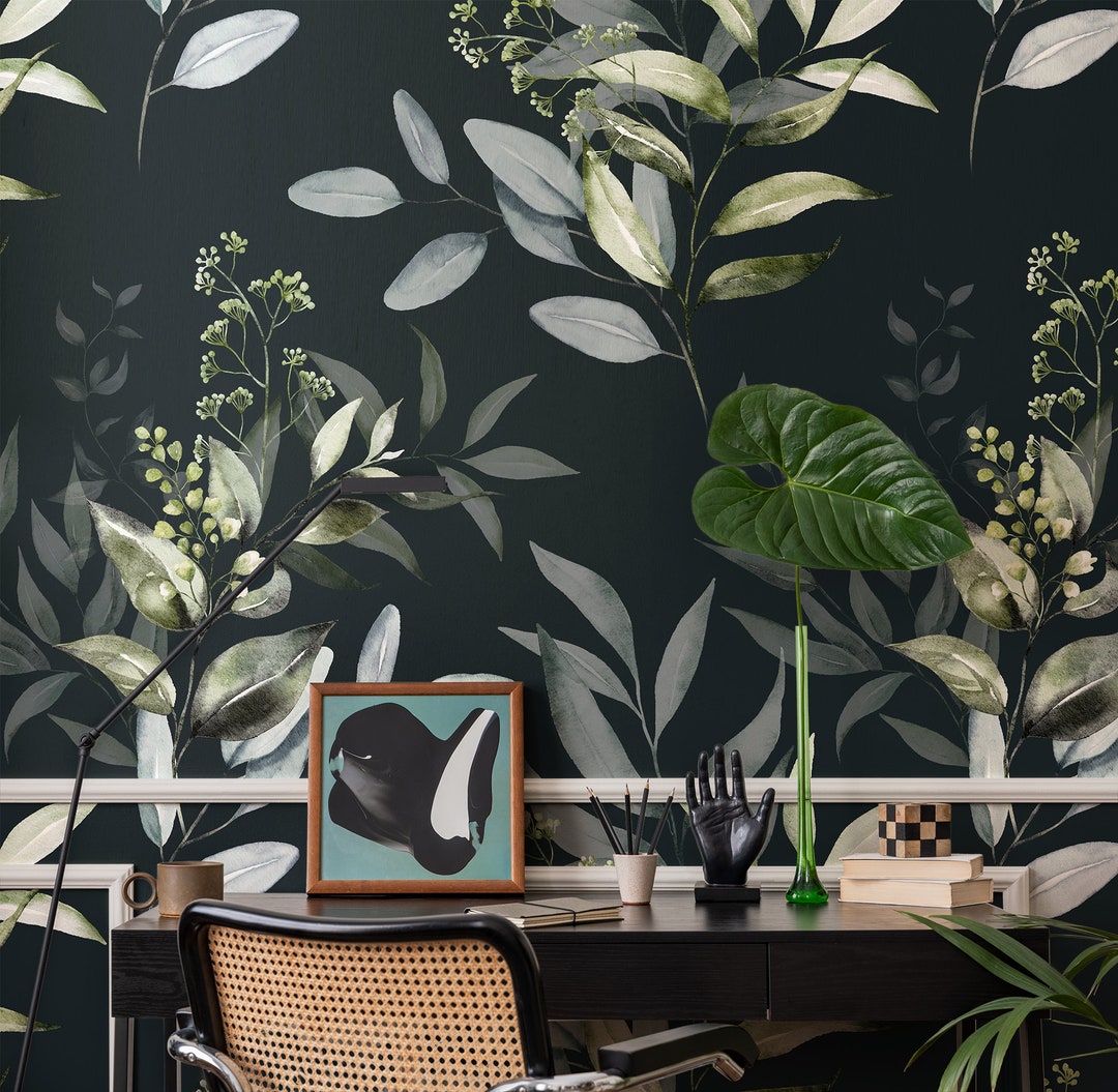 Leaves Wallpaper, Dark Botanic Wallpaper, Watercolor Pattern, Peel and ...
