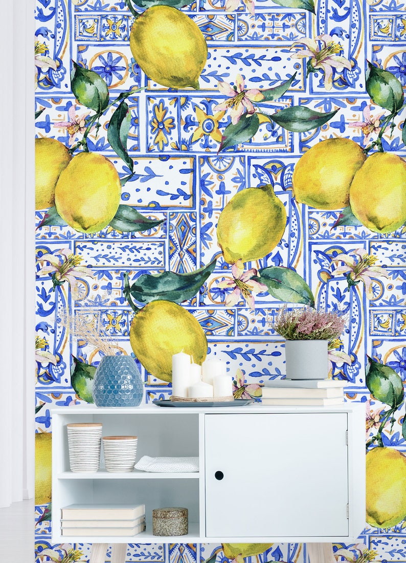 Watercolor Lemon Tile Wallpaper Repositionable Peel and Stick - Etsy