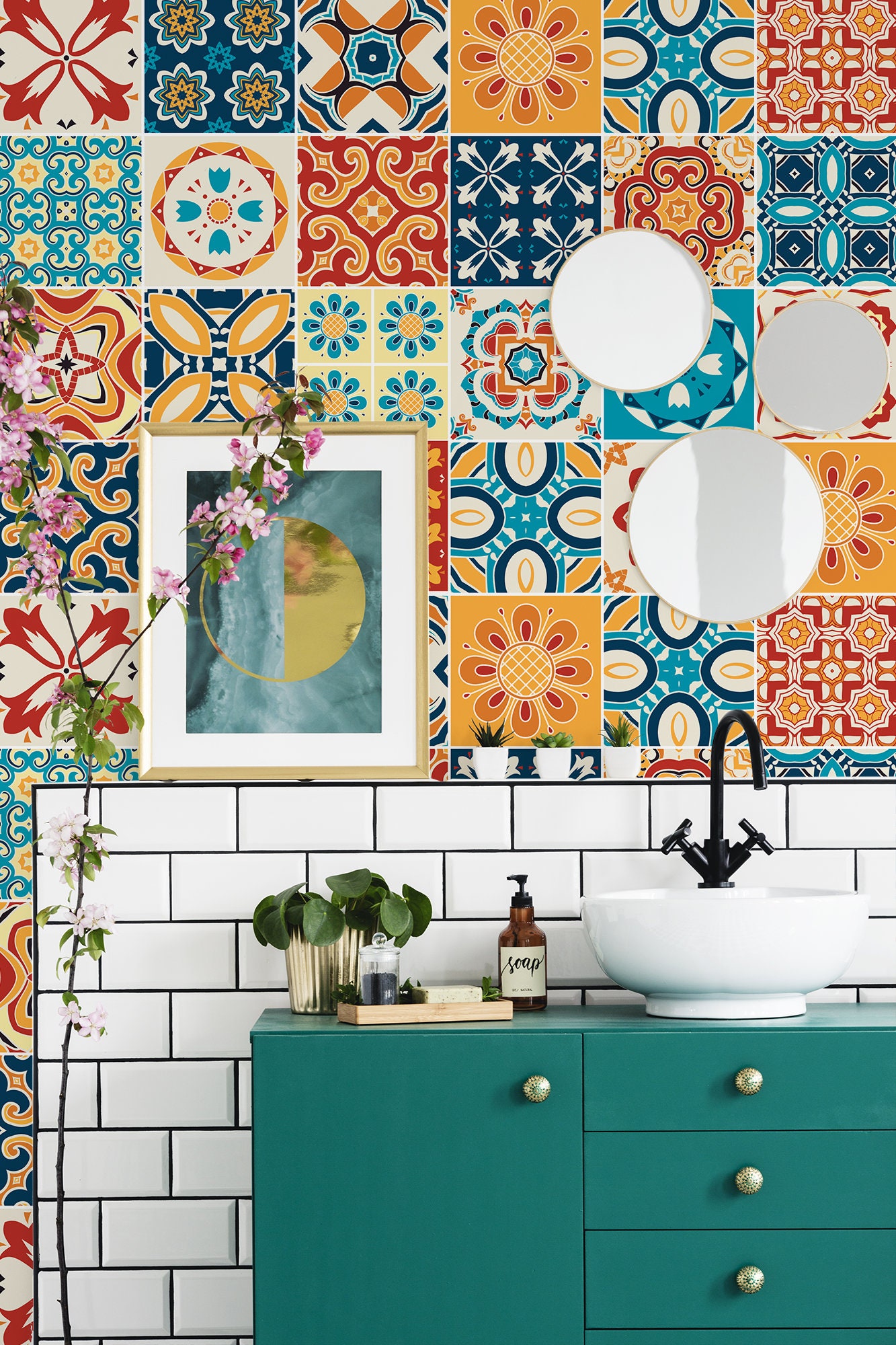 Colorful Moroccan Tile Wallpaper Repositionable Peel and | Etsy