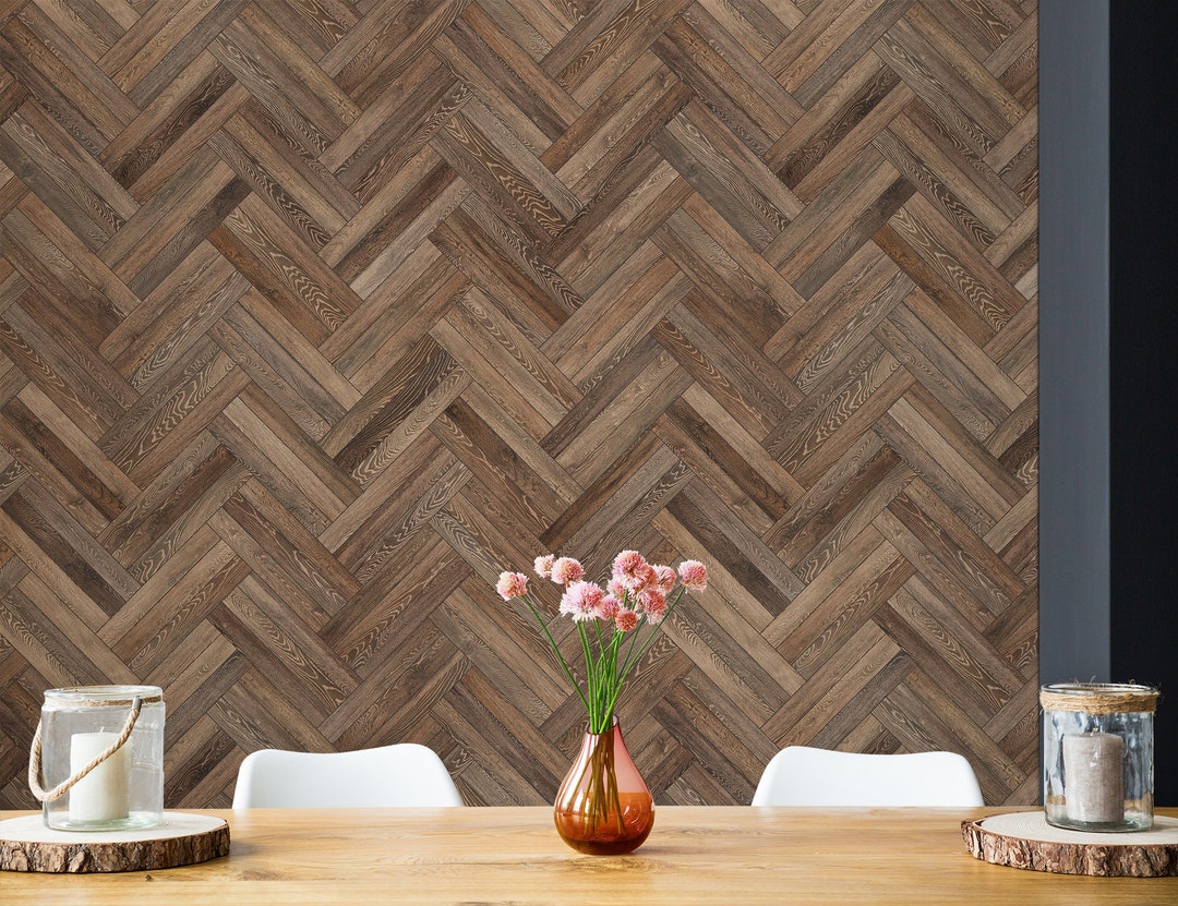 Dark Wood Herringbone Wallpaper, Peel and Stick Wallpaper Roll ...