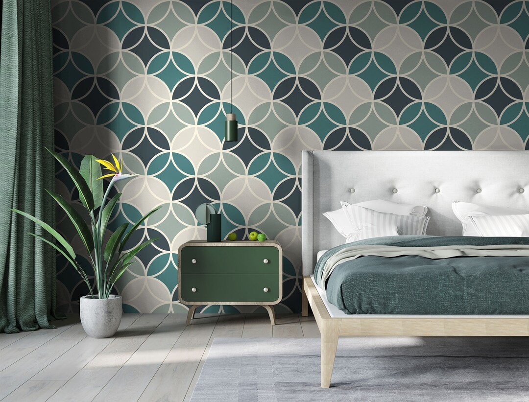 Green Retro Wallpaper, Geometric Pattern, 1970s Wallpaper, Peel and ...