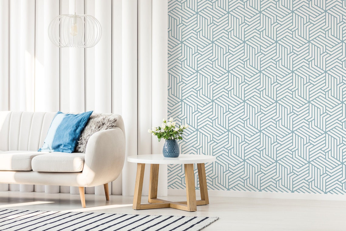 Wallpaper With Blue Geometric Pattern Peel and Stick Wall | Etsy
