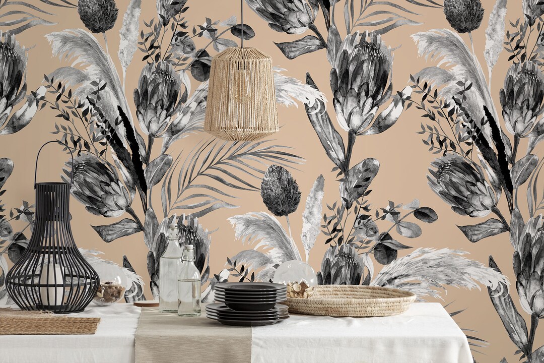 Protea Flowers Wallpaper, Watercolor Leaf Pattern, Peel and Stick ...