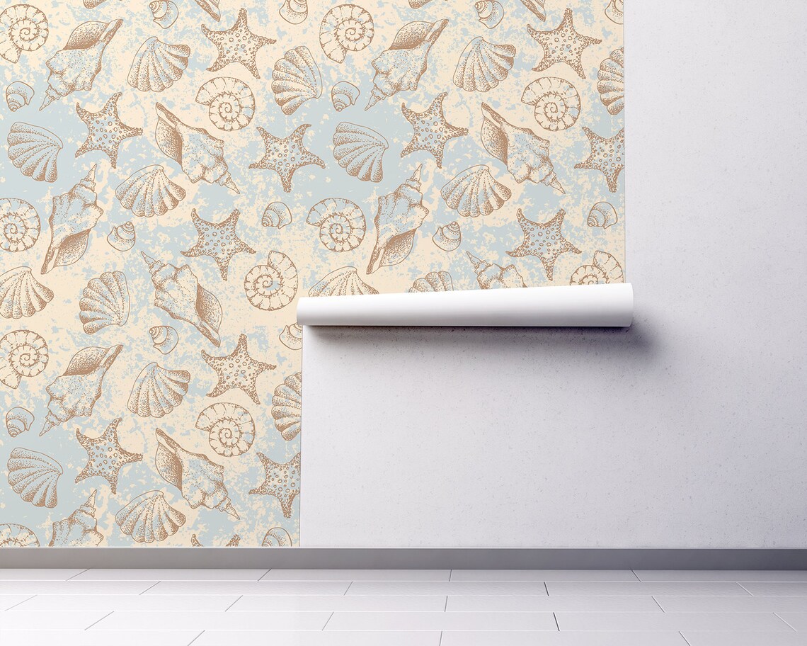 Shell and Starfish Wallpaper Removable Wallpaper Hand Drawn | Etsy