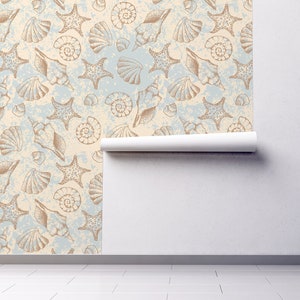 Shell and Starfish Wallpaper, Removable Wallpaper, Hand Drawn Marine ...