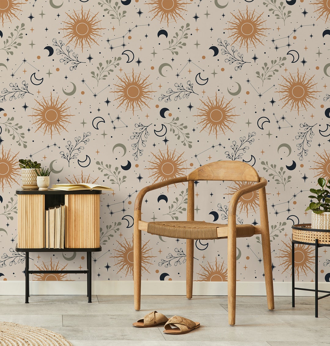 Magic Symbols Wallpaper, Esoteric, Astrology Pattern With Herbs, Peel ...