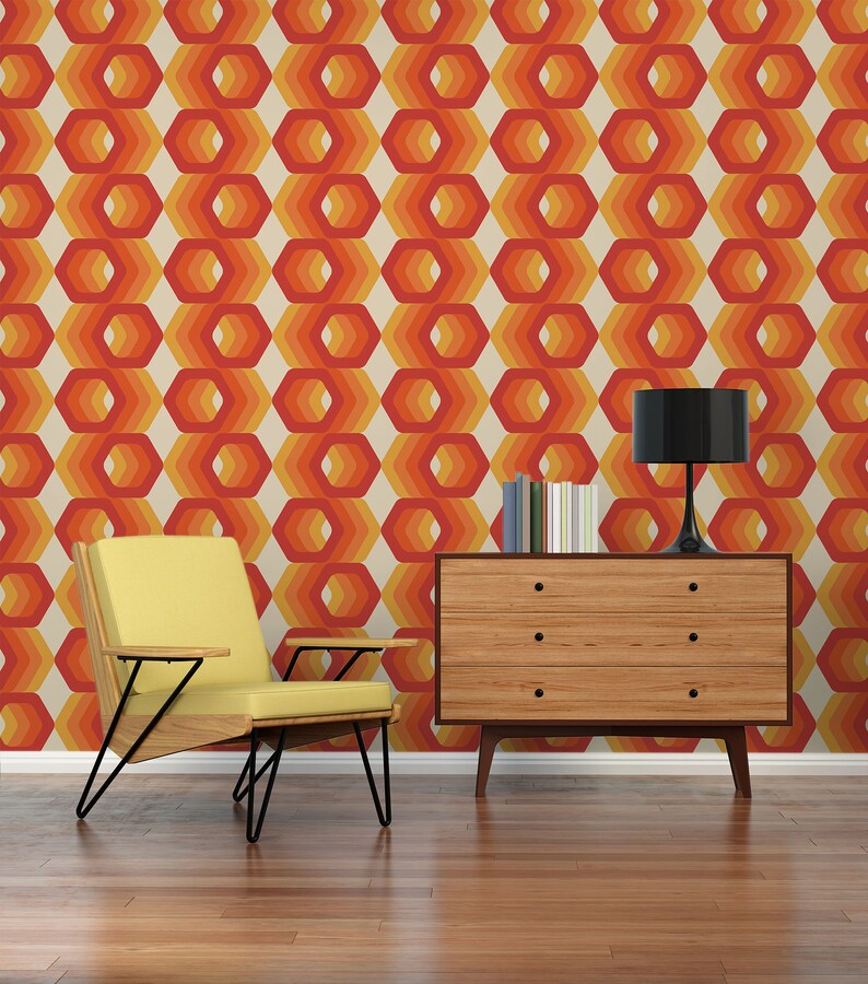 Orange Gometric Wallpaper, 70s Pattern Wallpaper, Peel and Stick ...