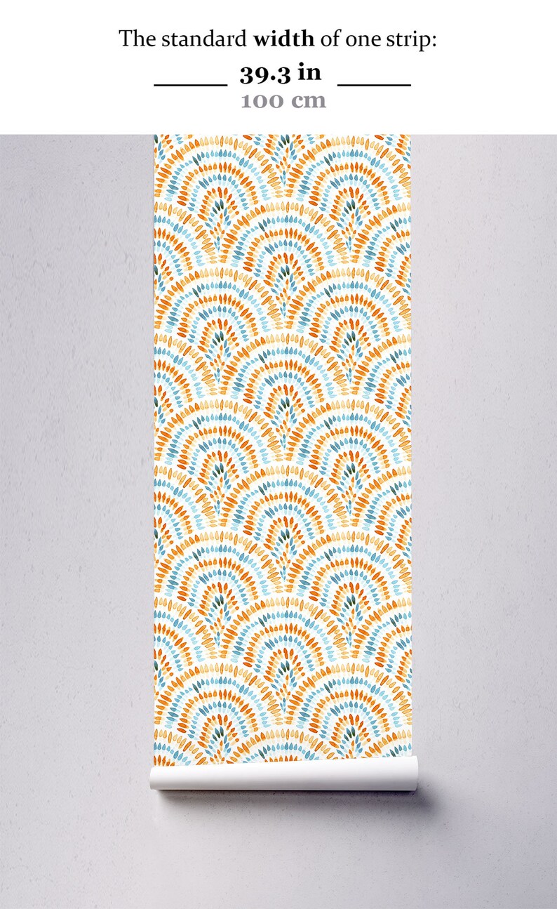 Boho Wallpaper, Abstract Blue and Orange Pattern, Peel and Stick ...