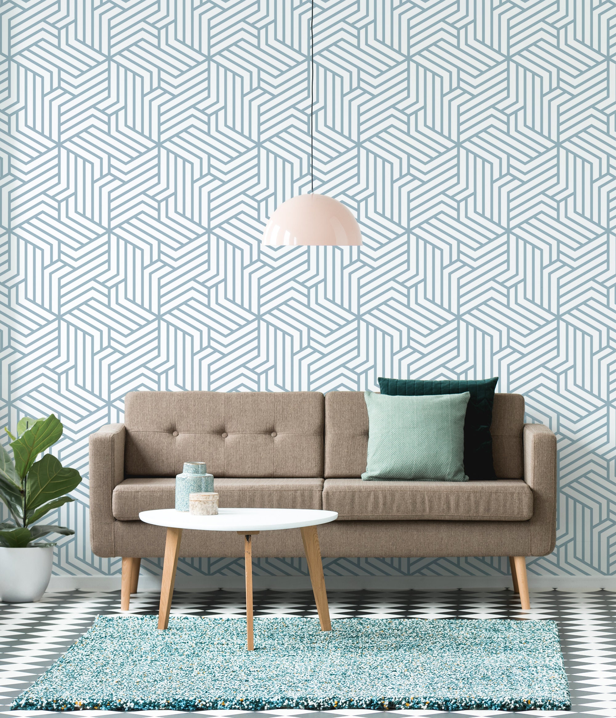 Wallpaper With Blue Geometric Pattern, Peel and Stick Wall Mural ...
