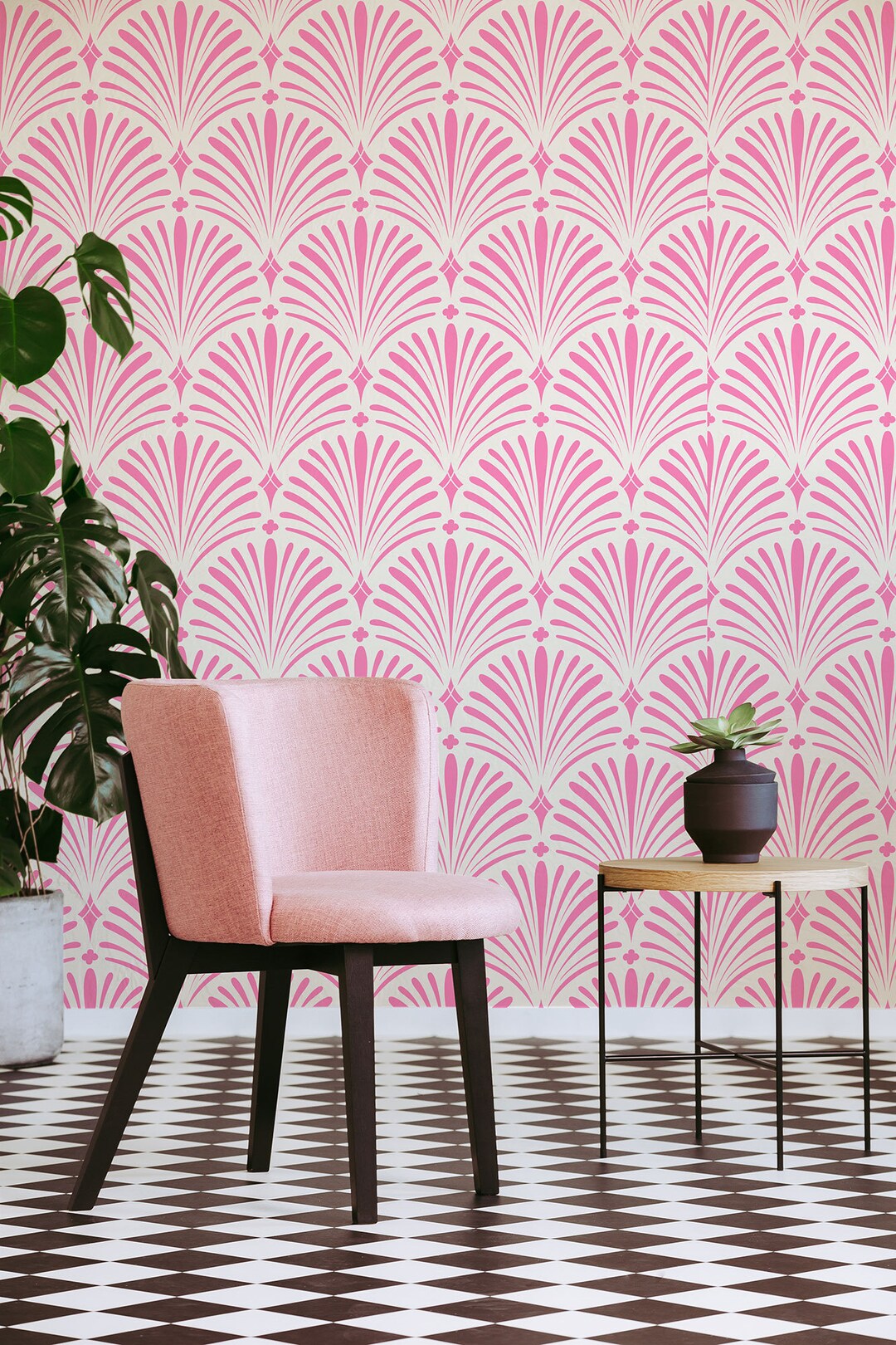 Pink Art Deco Pattern Wallpaper, Repositionable Peel and Stick ...