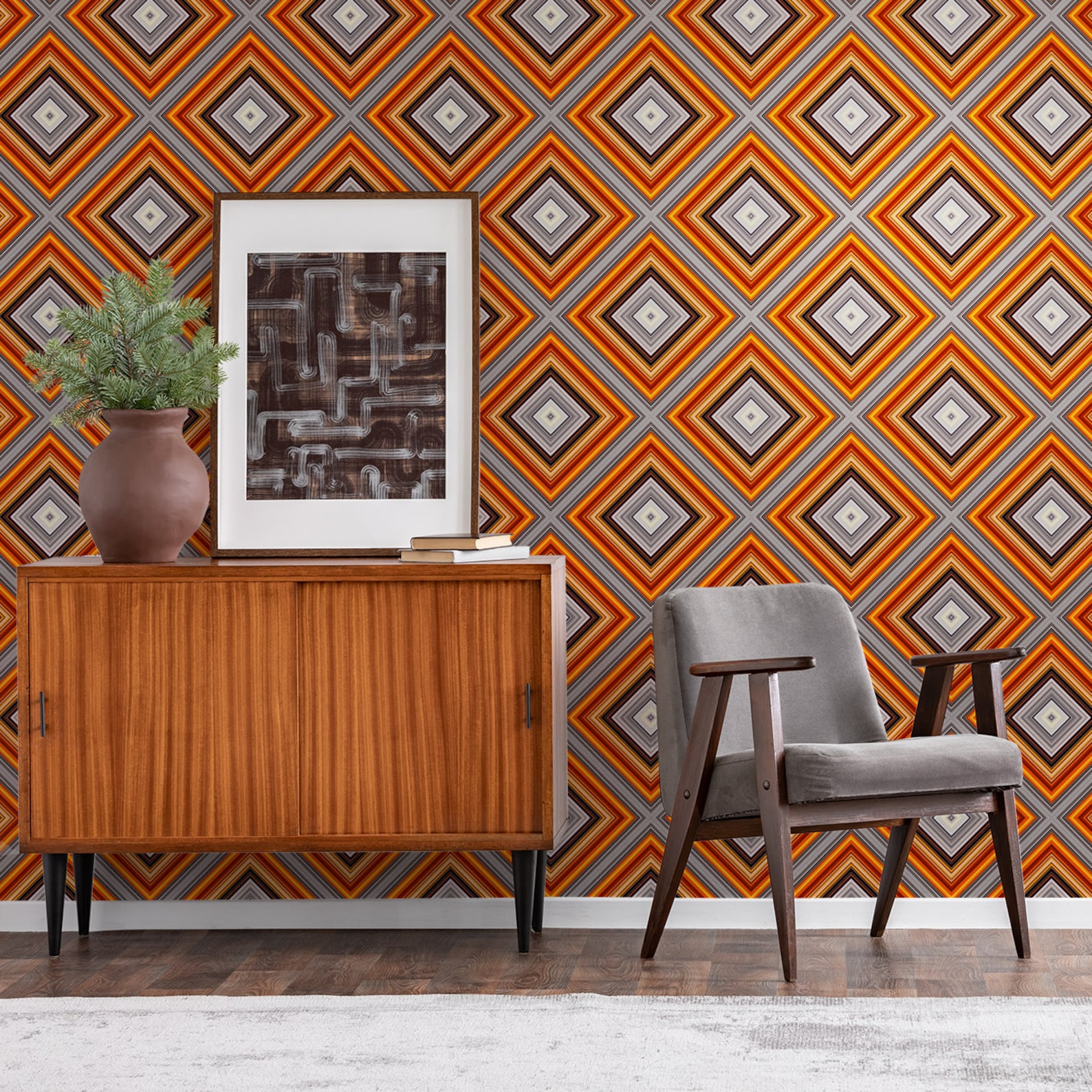 Retro Wallpaper With Geometric Pattern Peel and Stick Wall - Etsy