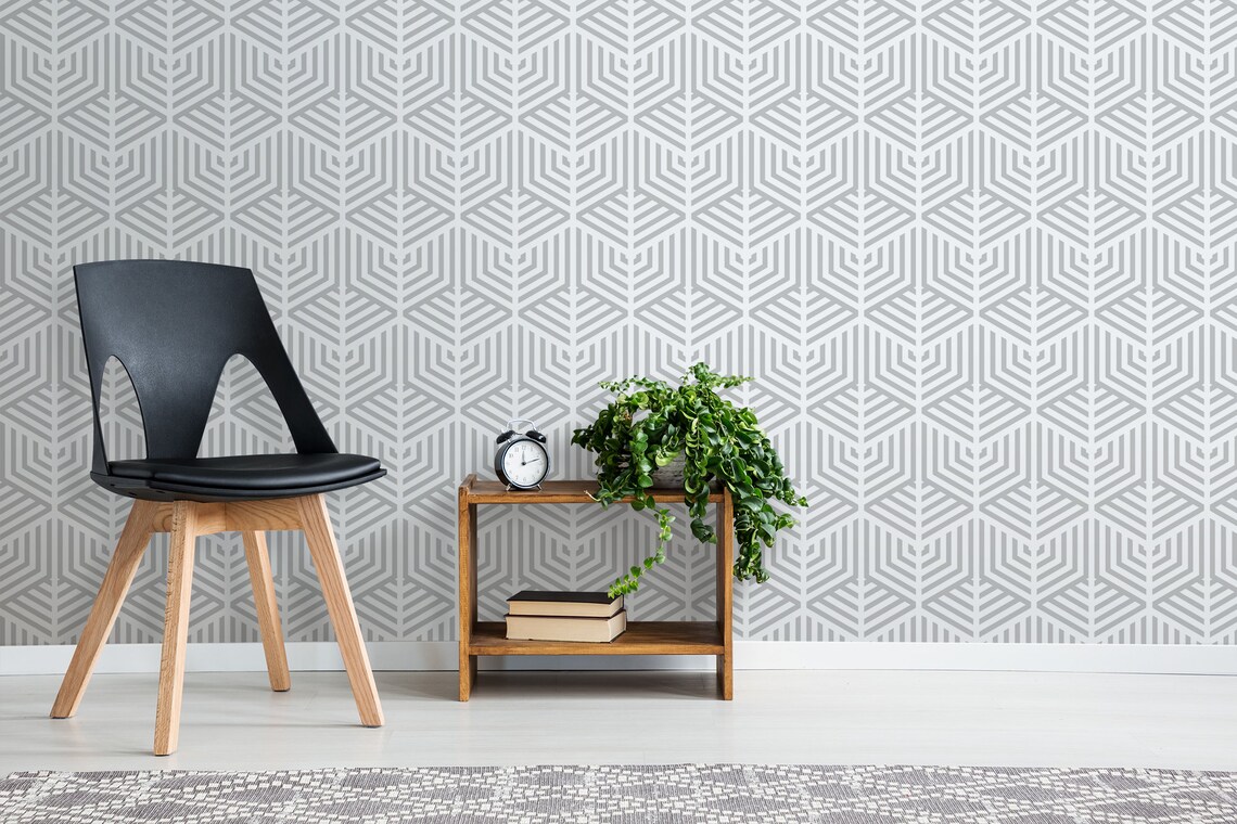 Geometric Wallpaper With Gray Pattern, Peel and Stick Wall Mural, Black ...