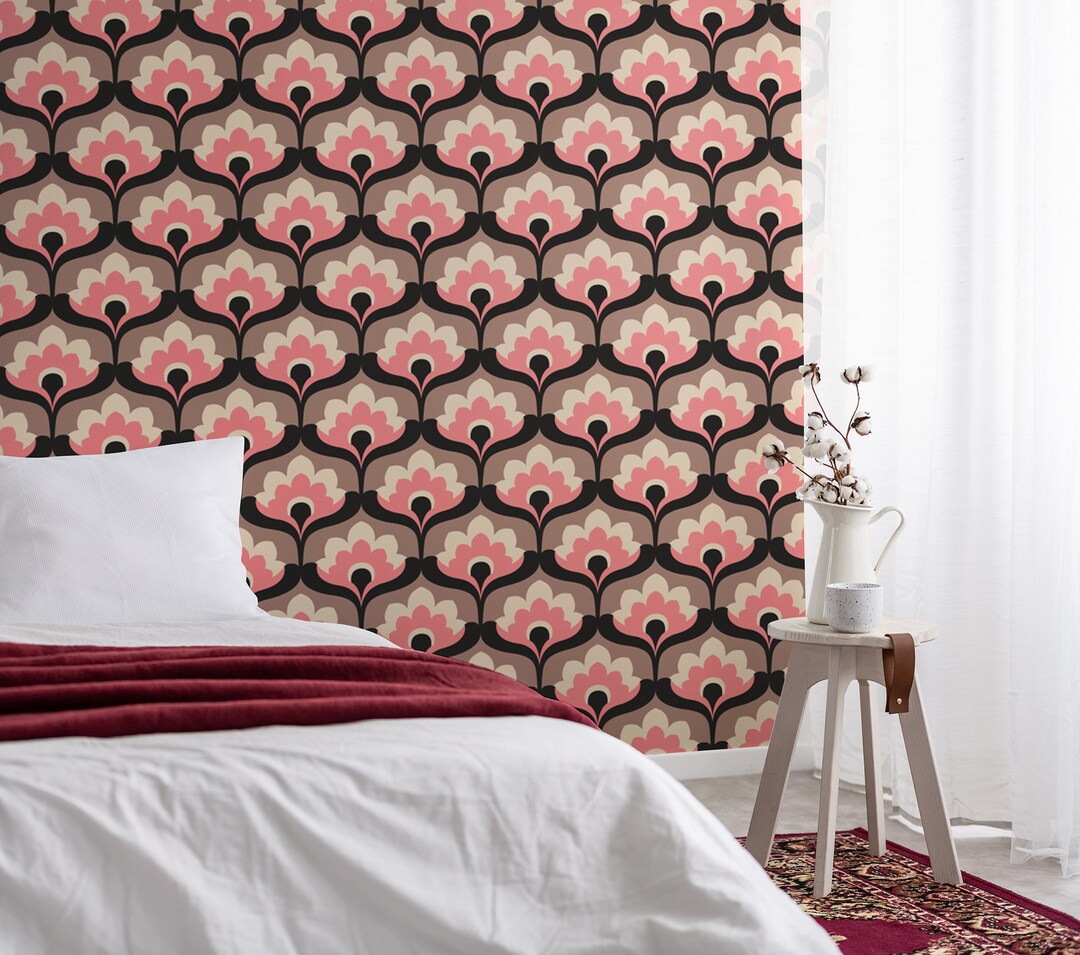 Geometric Vintage Wallpaper With Red Pattern, Peel and Stick Abstract ...