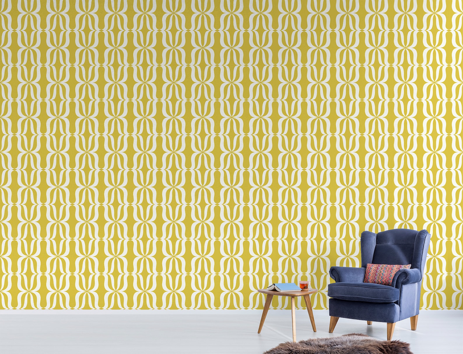 Yellow Abstract Wallpaper With Retro Pattern, Peel and Stick Wall Mural ...