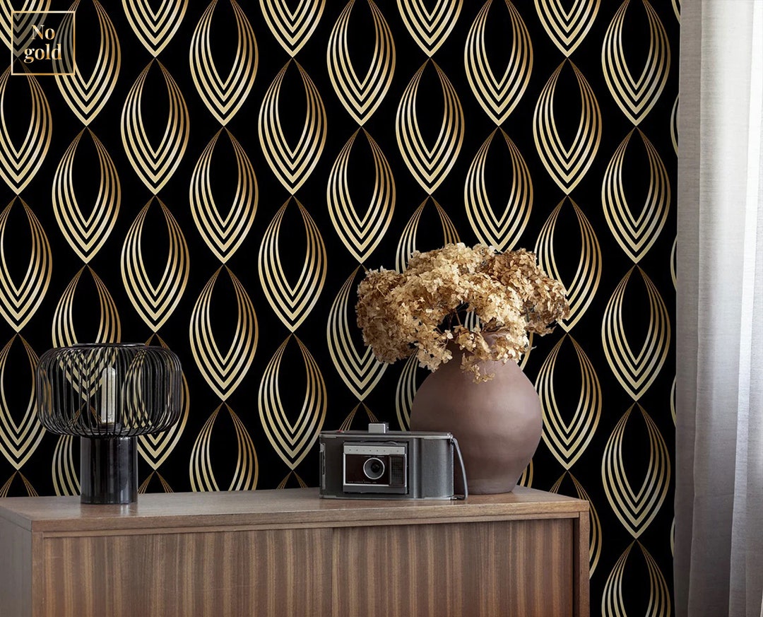 Black and Yellow Art Deco Leaves Pattern Wallpaper, Repositionable ...