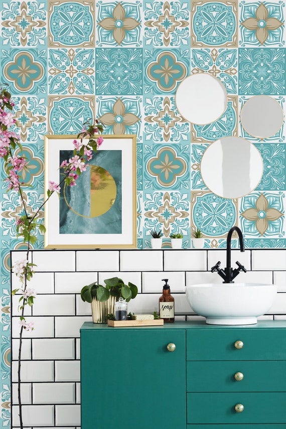 Turquoise Moroccan Tile Wallpaper Repositionable Peel and | Etsy