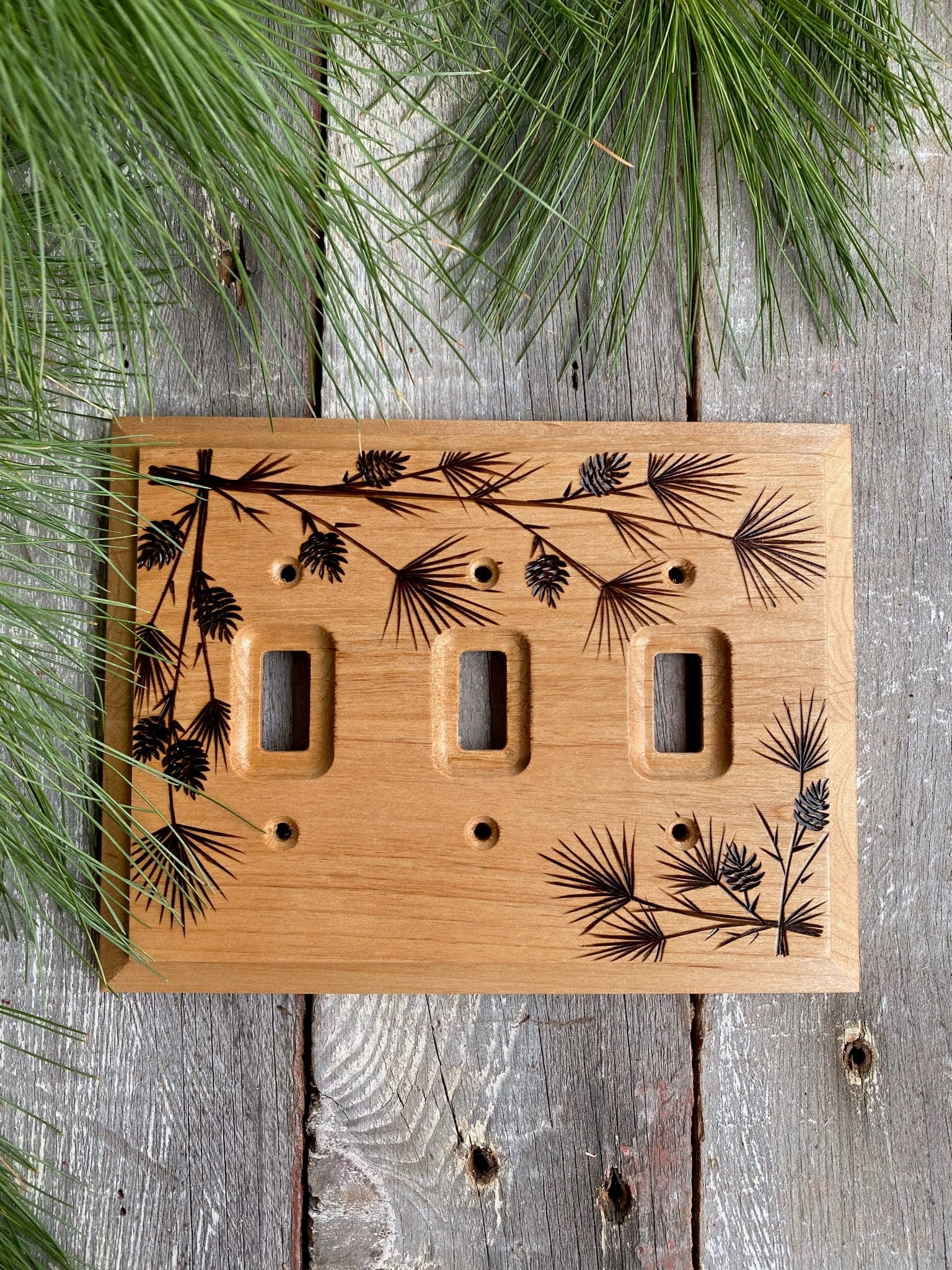 Wooden Triple Light Switch Cover With Wood Burned Pine and Cones - Etsy