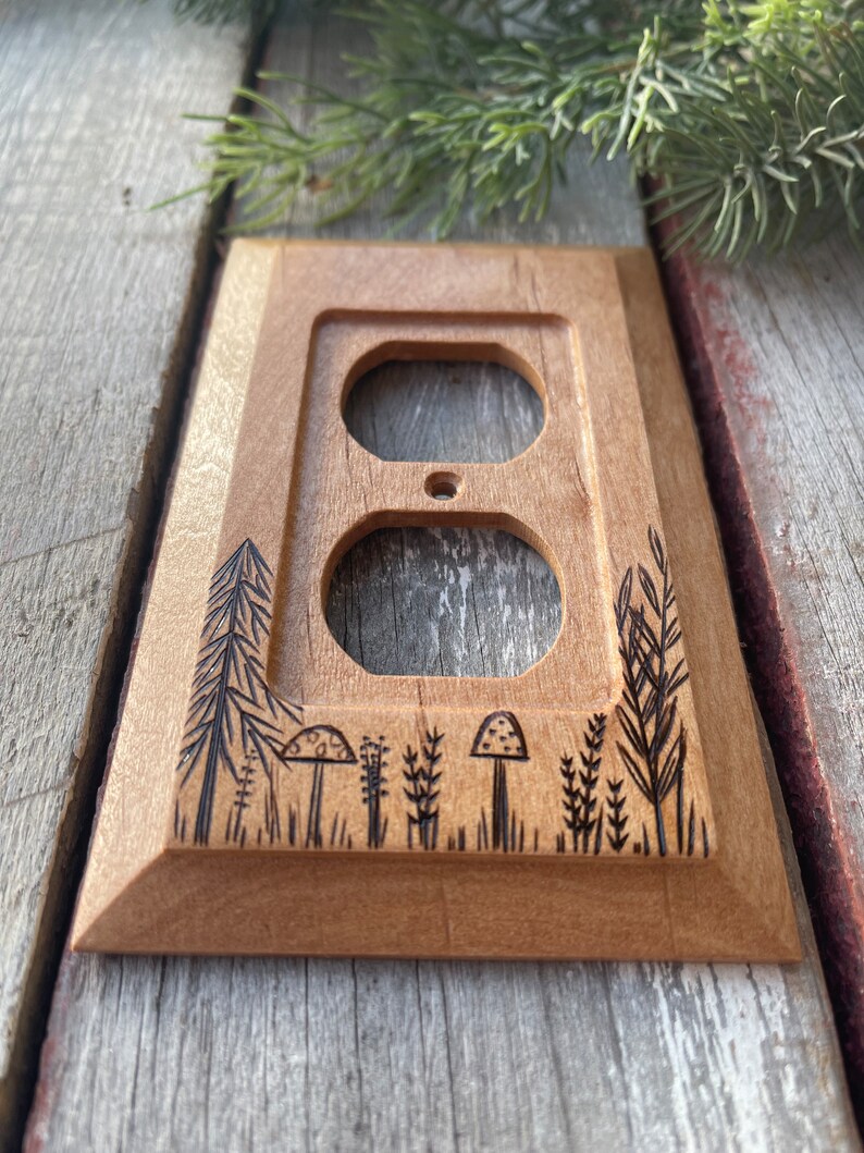 Wooden Single Outlet Duplex Wall Cover Wood Burned Designs Mushrooms ...