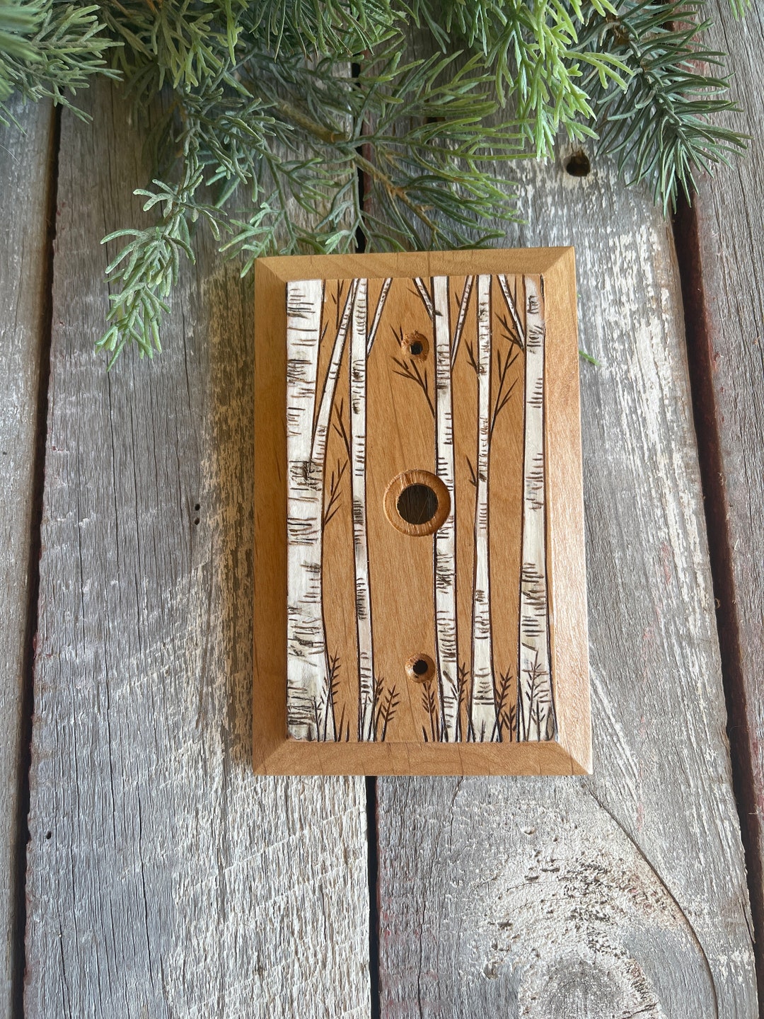 Wooden Single Cable Jack Wall Cover With Wood Burned Birch Trees Water ...