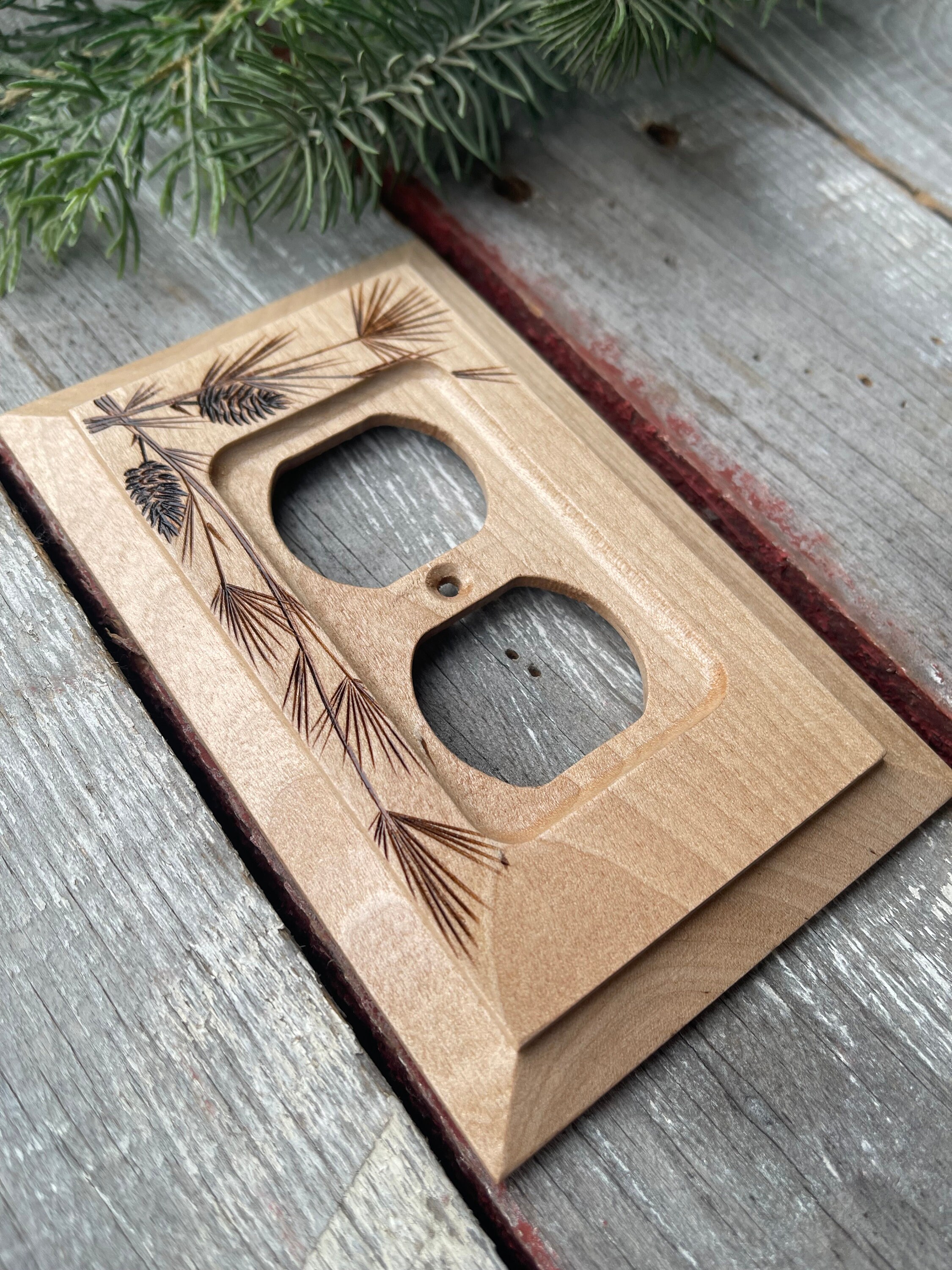 Wooden Single Outlet Duplex Wall Cover Wood Burned Long Pine and ...