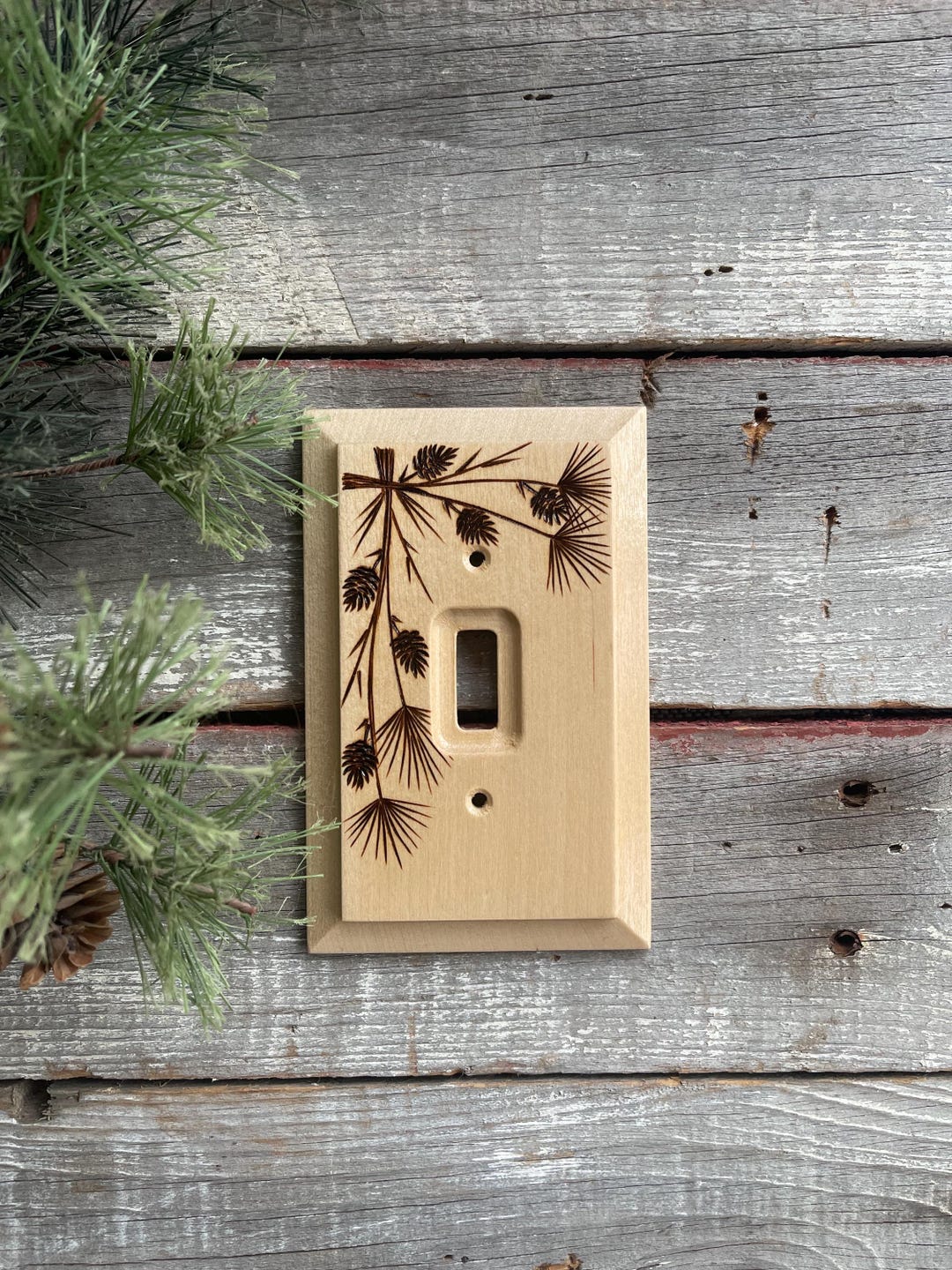 Wooden Single Toggle Light Switch Cover Wood Burned Pine and Pinecones ...
