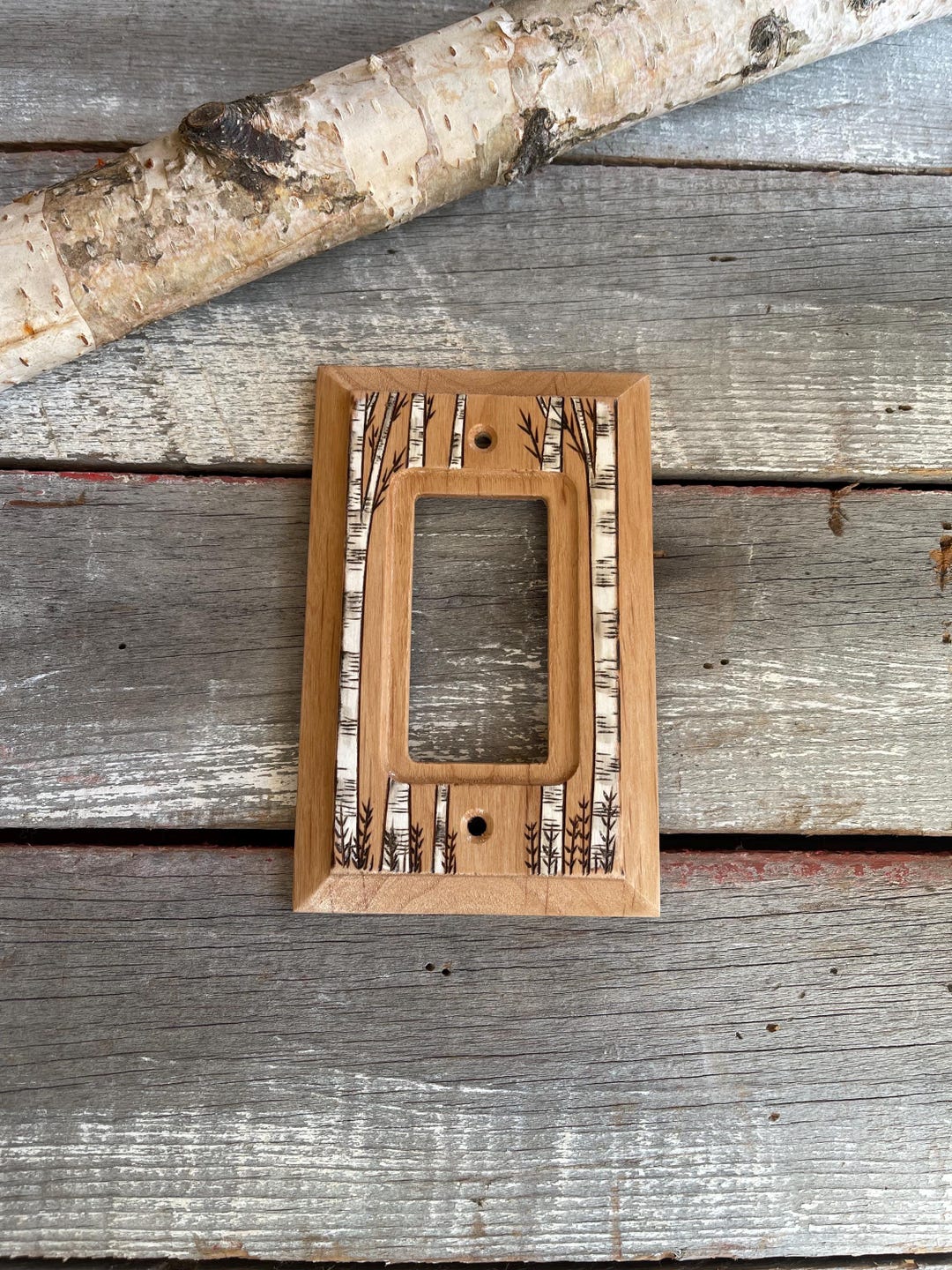 Wooden Single Gfi/toggle Light Switch Cover With Wood Burned Birch ...