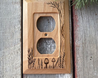 Wooden Single Outlet Duplex Wall Cover Wood Burned Designs Mushrooms ...