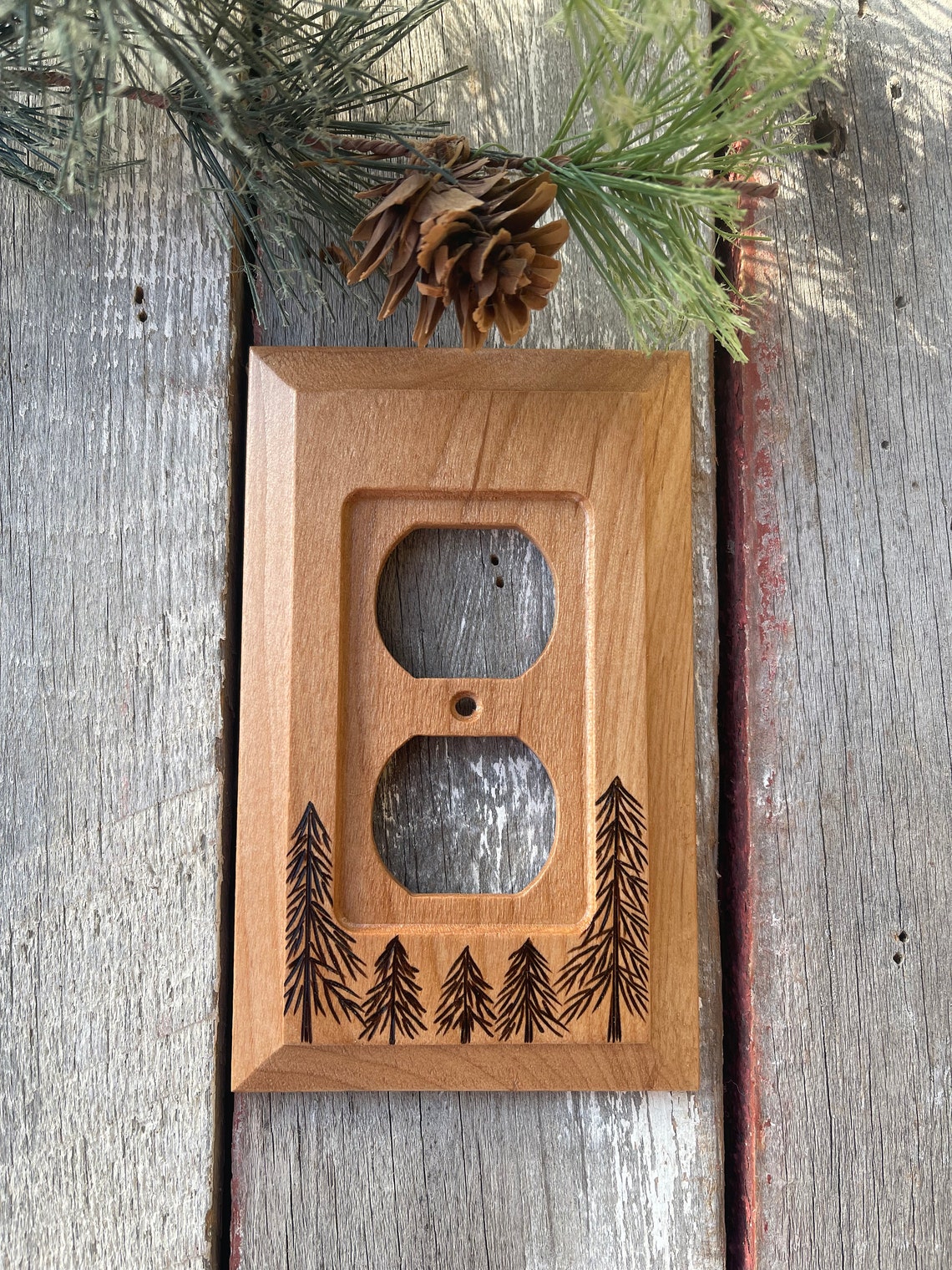 Wooden Single Outlet Duplex Wood Burned Wall Plate Cover Pine Tree ...