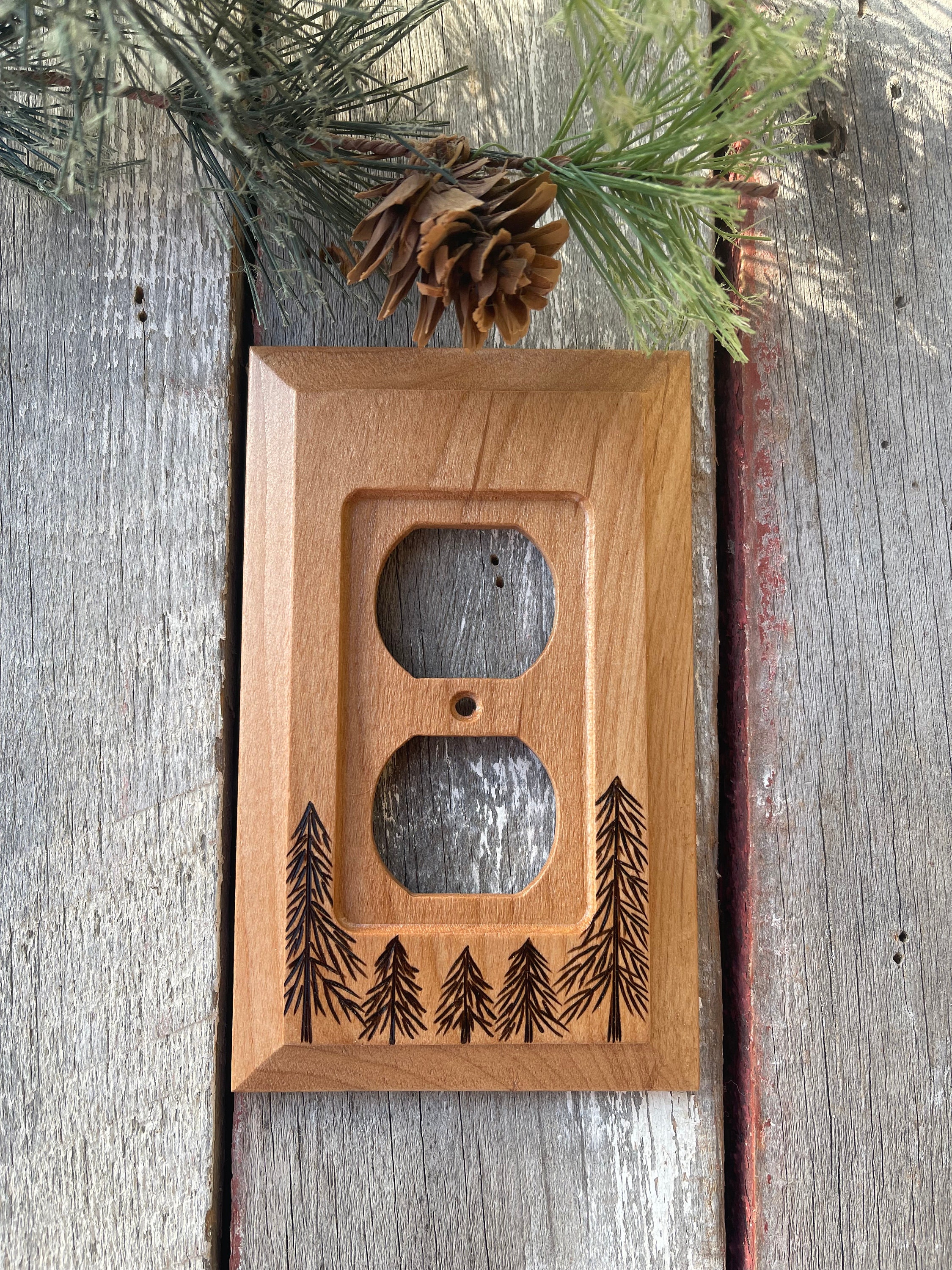 Wooden Single Outlet Duplex Wood Burned Wall Plate Cover Pine Tree ...