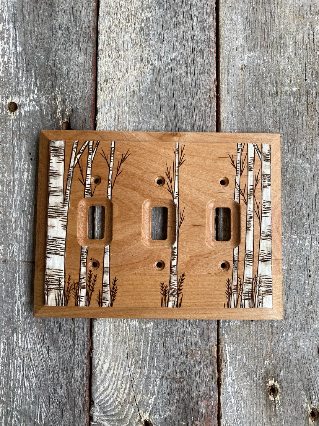 Wooden Triple Light Switch Cover With Wood Burned & Water Colored Birch ...