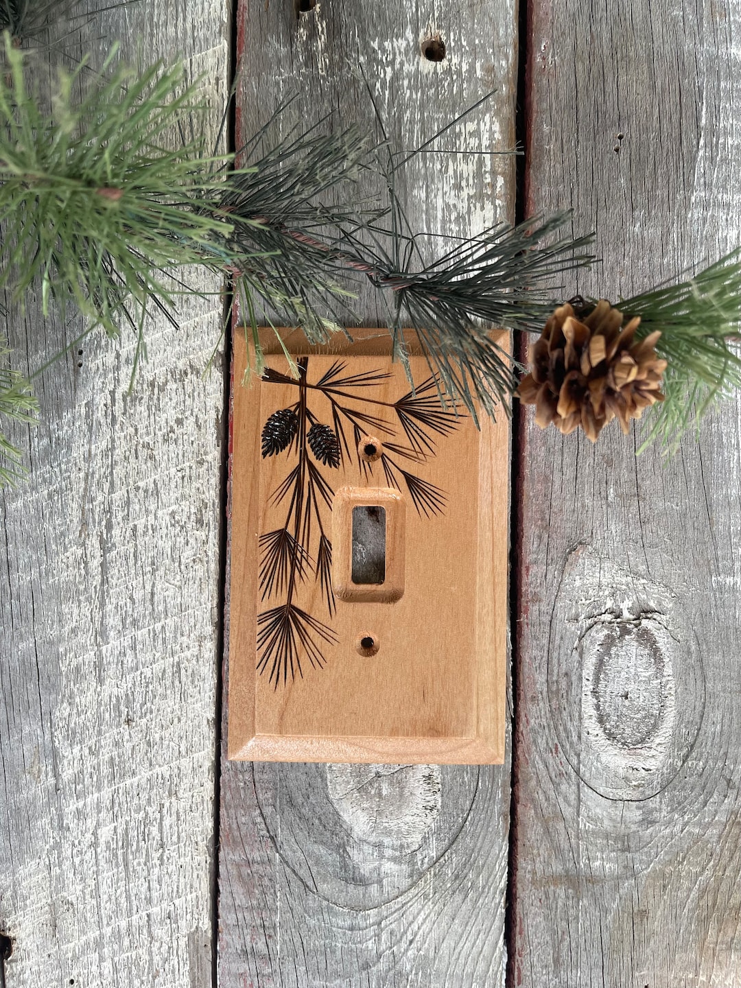 Wooden Light Switch Cover Wood Burned Long Pine and Cones Wall Plate - Etsy