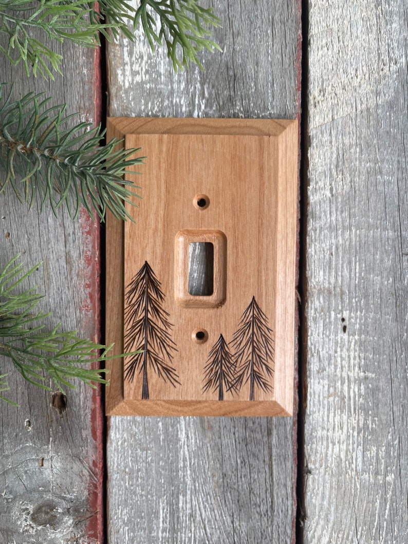 Wooden Single Light Switch Cover, Wood Burned, Pine Tree Forest, Wall ...