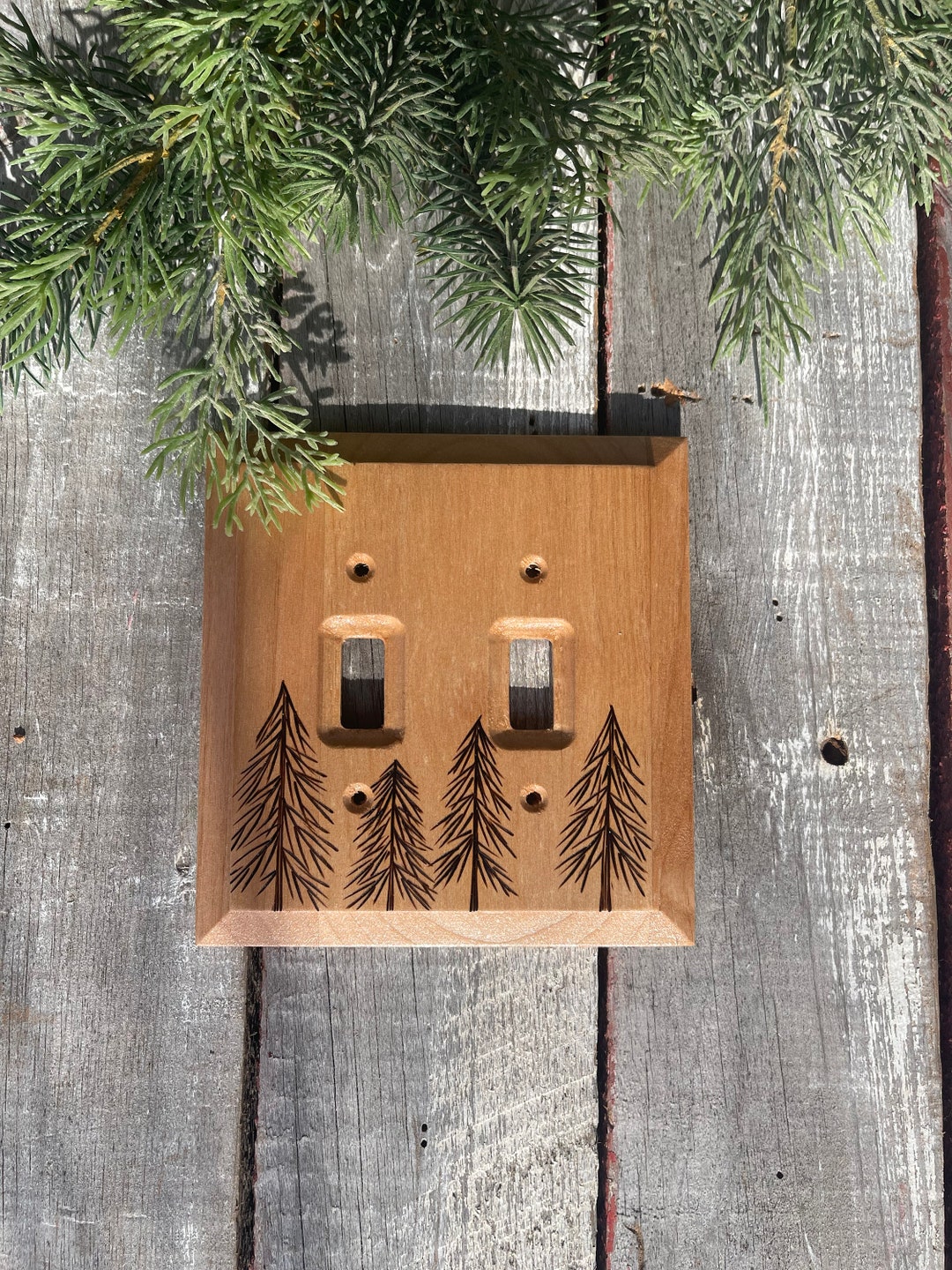 Wooden Double Toggle Light Switch Cover Wood Burned Pine Tree Forest ...