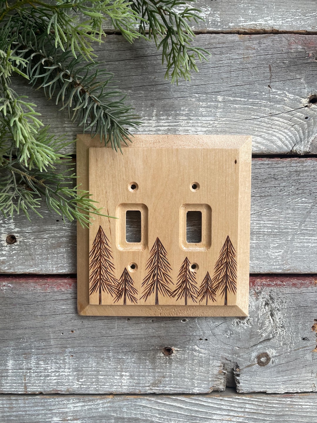 Wooden Double Toggle Light Switch Cover Wood Burned Pine Tree Forest ...