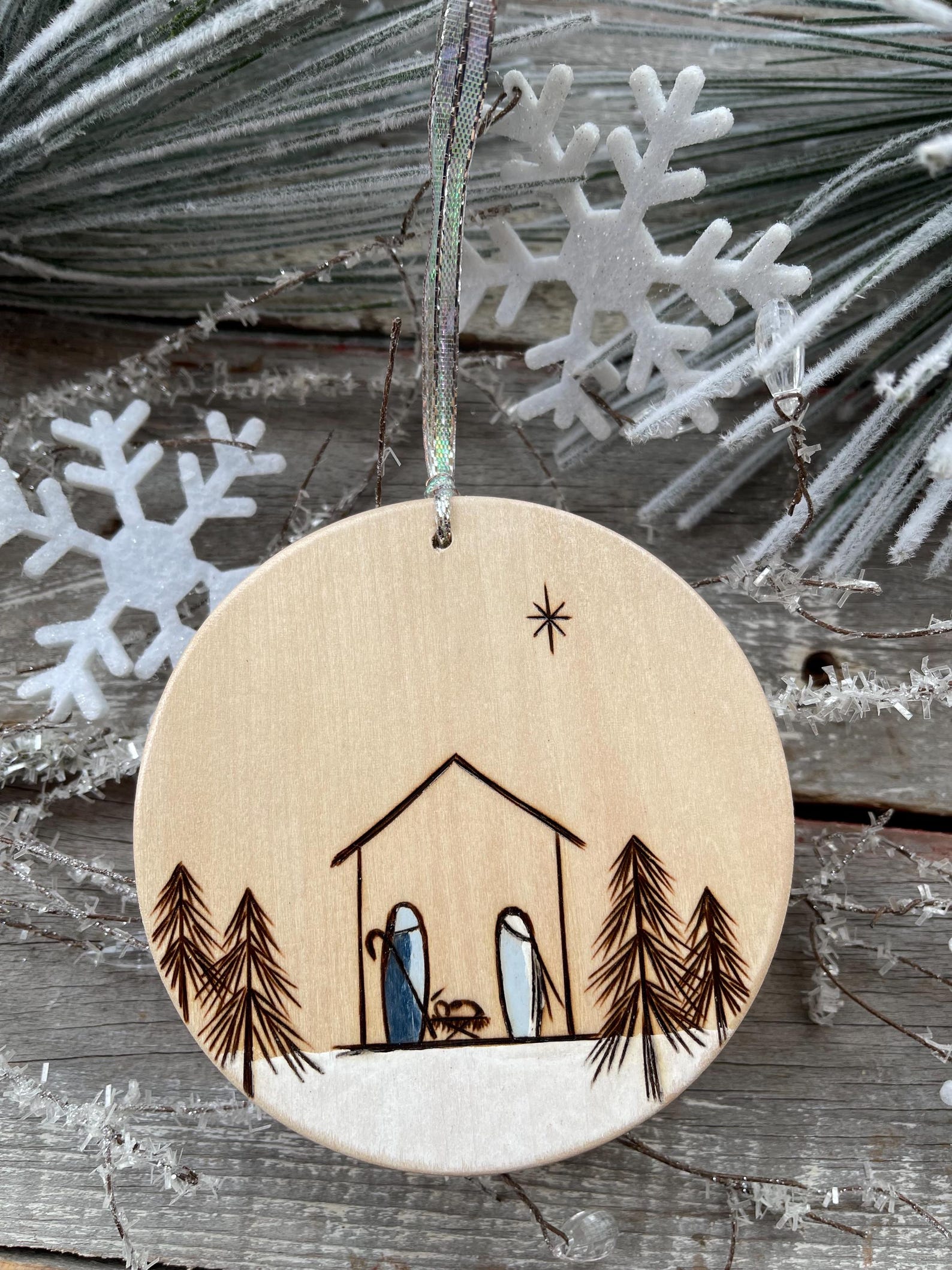 Wood Burned Christmas Ornament Rustic Basswood Nativity Silent Night ...