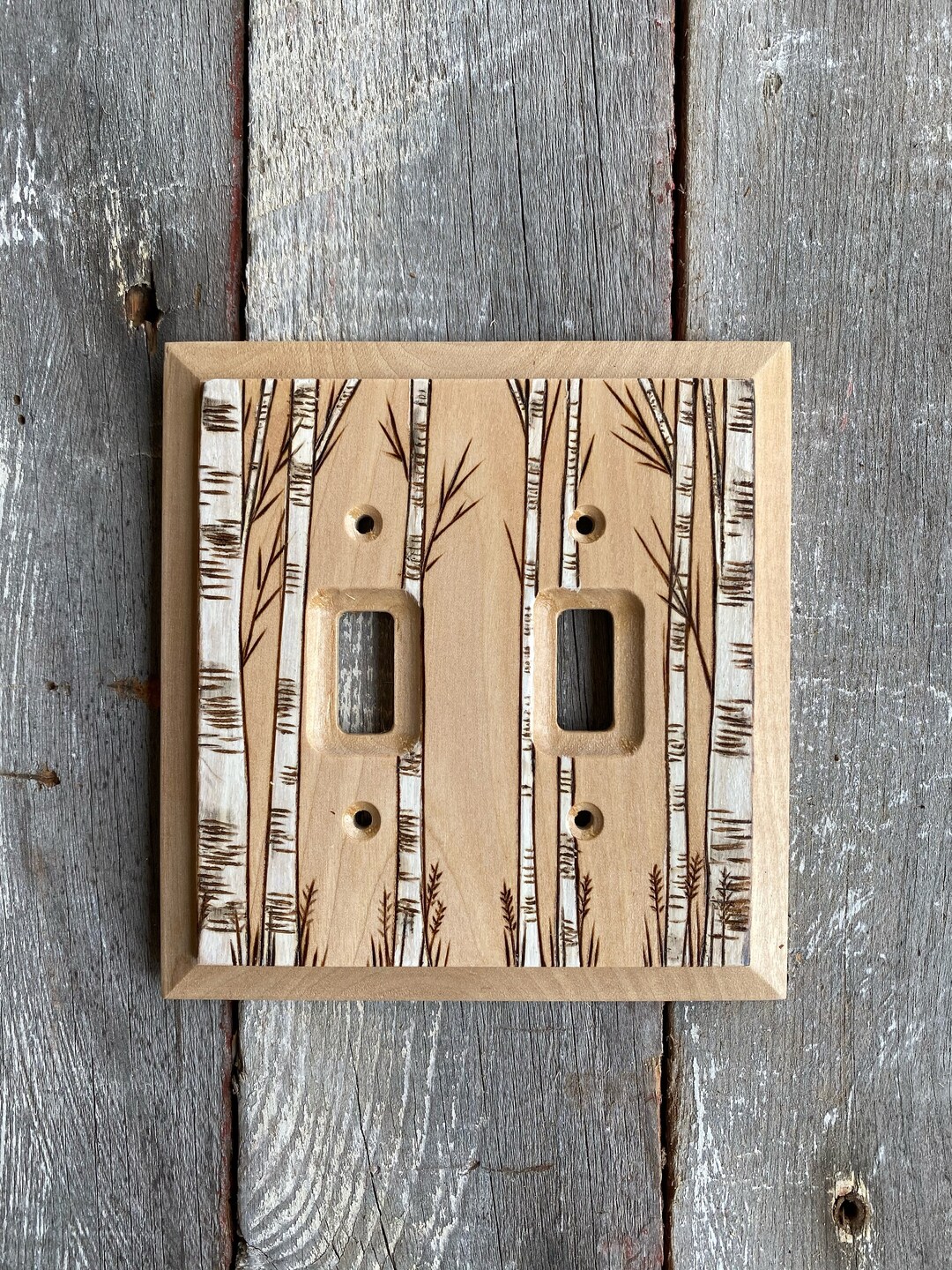 Wooden Double Light Switch Cover With Wood Burned & Water Colored Birch ...