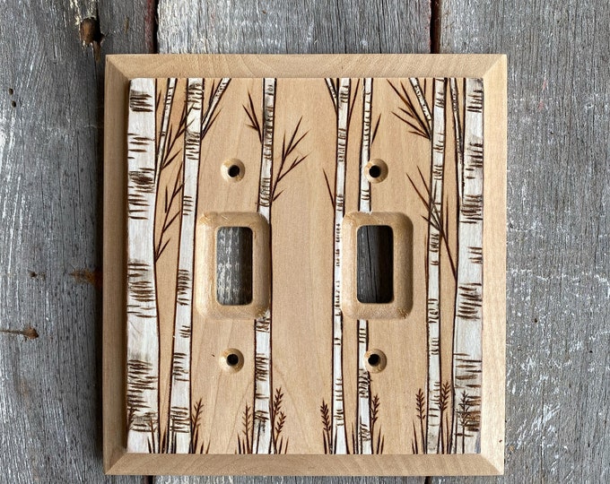Wooden Double Light Switch Cover With Wood Burned & Water Colored Birch ...