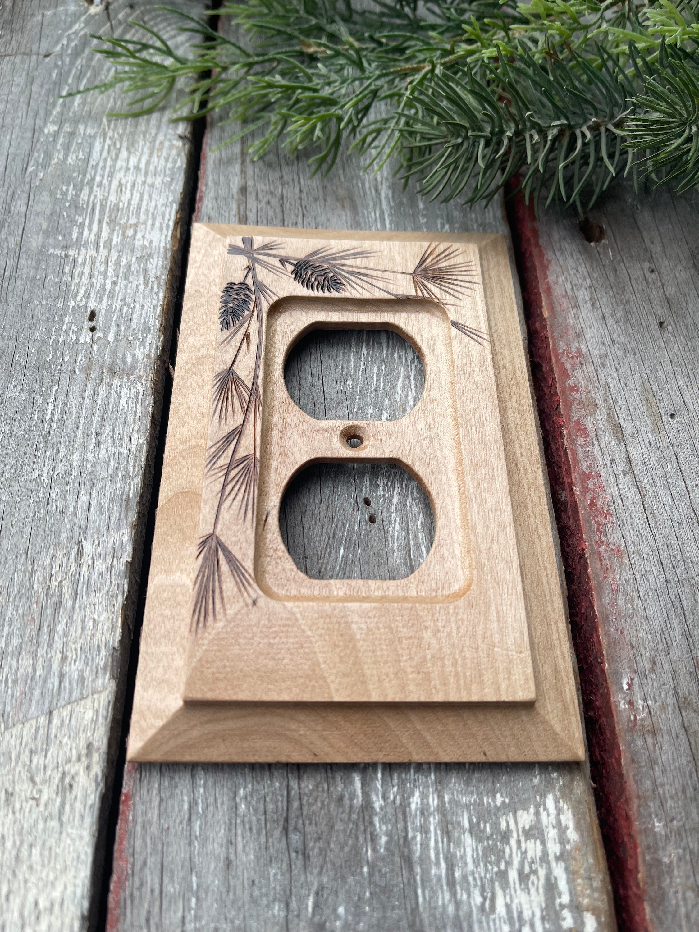 Wooden Single Outlet Duplex Wall Cover Wood Burned Long Pine and ...