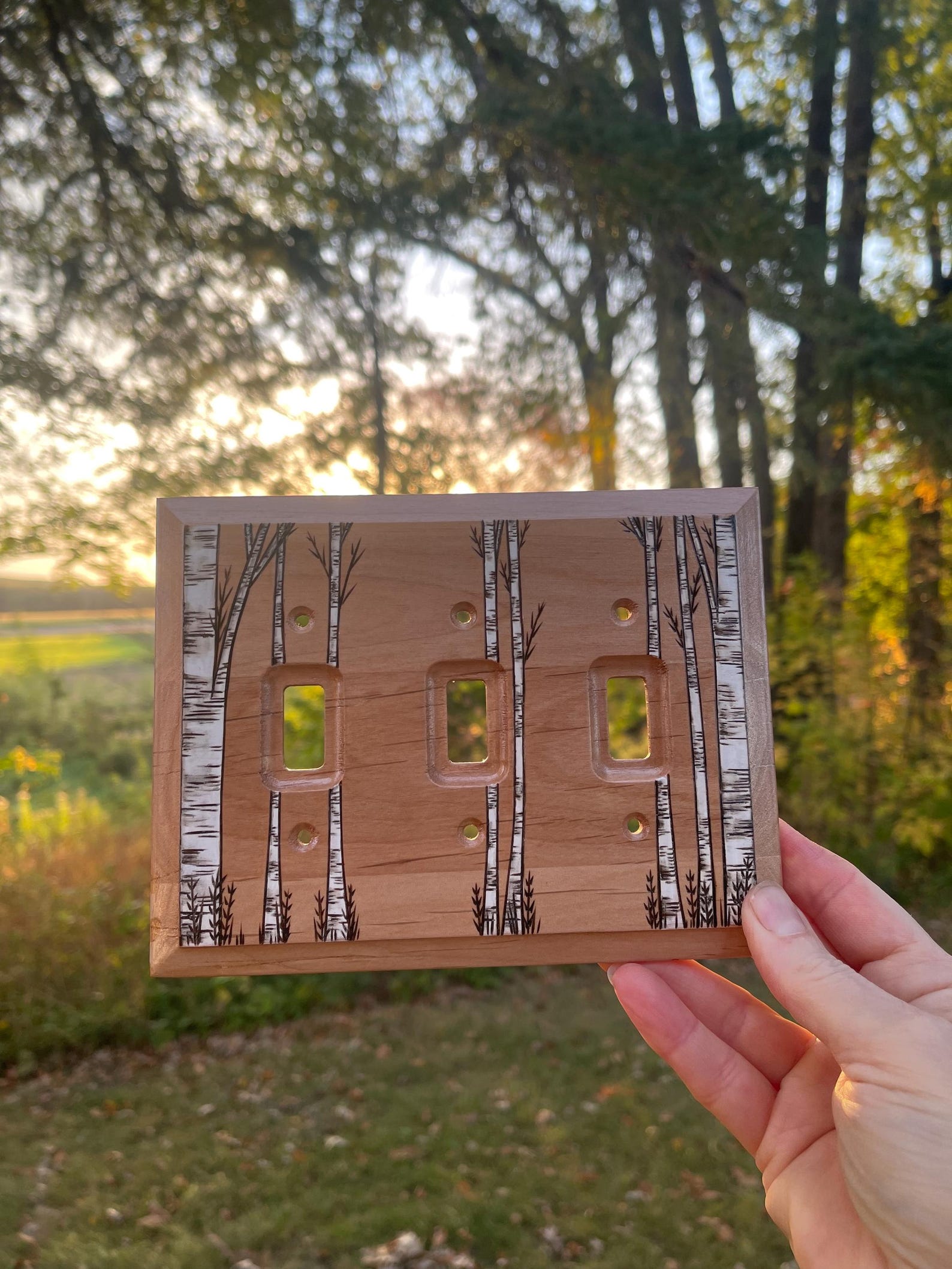 Wooden Triple Light Switch Cover With Wood Burned & Water Colored Birch ...