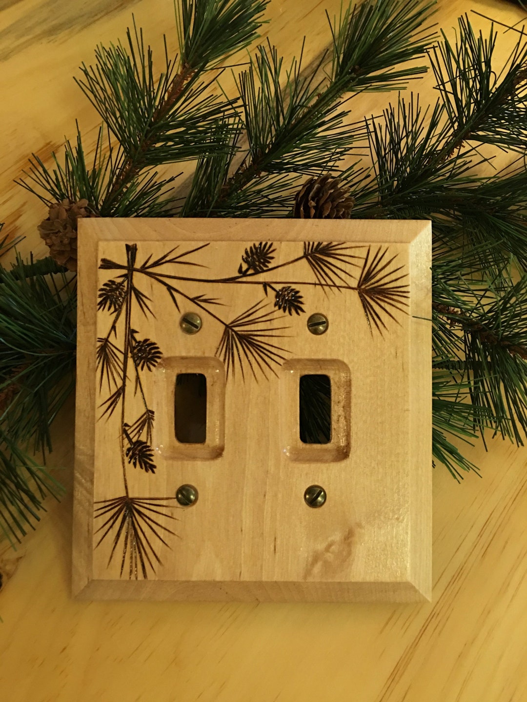 Wooden Double Light Switch Cover With Wood Burned Pine and Cones - Etsy