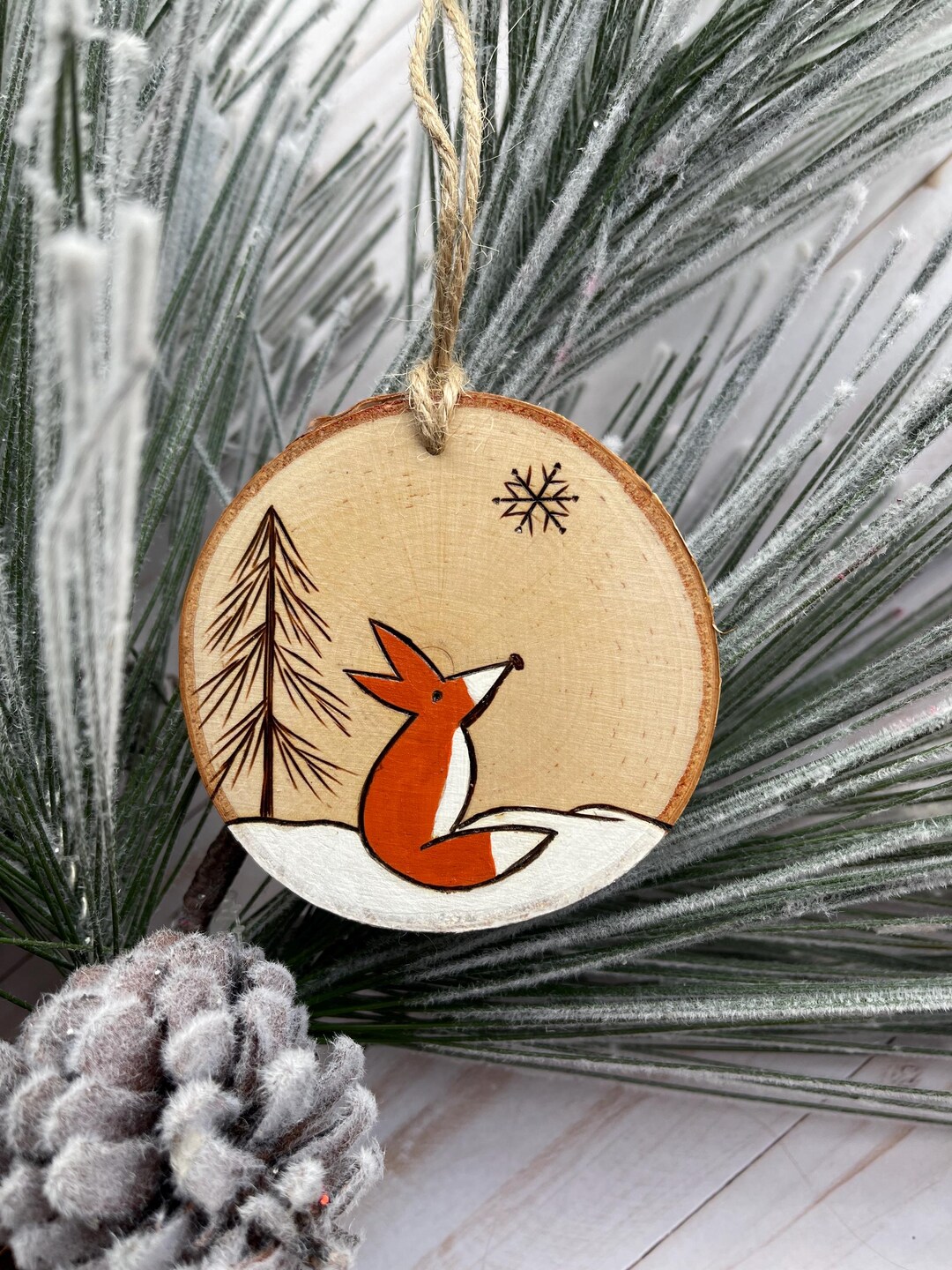 Handcrafted Wooden White Birch Slice Ornament Disc Wood Burned Tree Fox ...