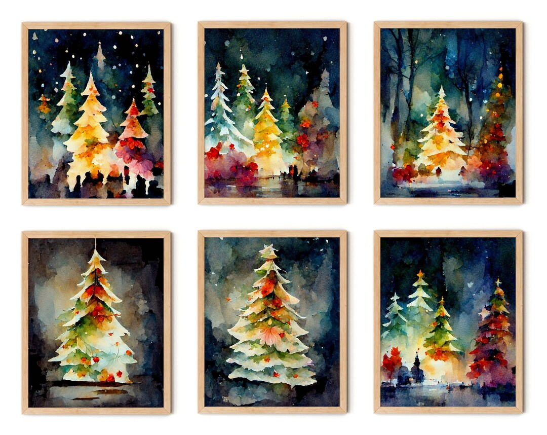 Christmas Trees Print Set of 6, Christmas Watercolor Painting, Winter ...