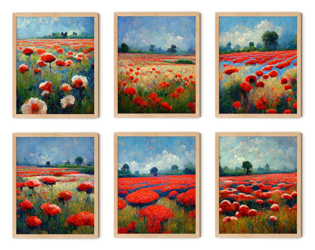 Poppy Fields Print Set of 6, Field of Poppies Print, Farmhouse Wall Art ...